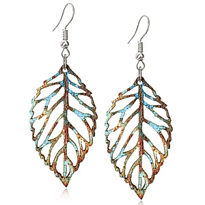 Handmade Bohemian Colorful Nature Wooden Leaf Dangle Drop Earrings Ethnic African Vintage Lightweight Boho Hollow Wood leaf Hook Earrings for Women Unique Geometry Jewelry (Colorful 1)