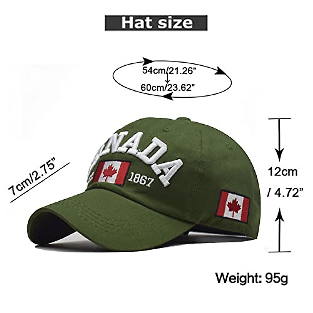 Arctic Fox Pure Cotton Men & Women Canada EST 1867 Embroidered Maple Leaf Flag Cap/Hat | One Size, Adjustable | Adjustable Strap Back | Front Raised Embroidery -Green