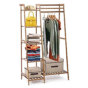 Bamboo Garment Rack with Shelves, Storage Box Set Included, Clothing Racks with Hooks, Clothes Rack Storage Organizer, Clothes Rack with Shelf, Space Saving Clothes Rack, Multifunctional Plant Rack