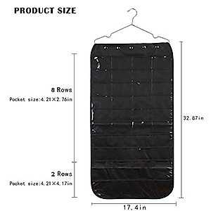 Hanging Jewelry Organizer Double Sided 40 Pockets & 20 Magic Tape Hook Storage Bag Closet Storage for Earrings Necklace Bracelet Ring Display Pouch (Black)