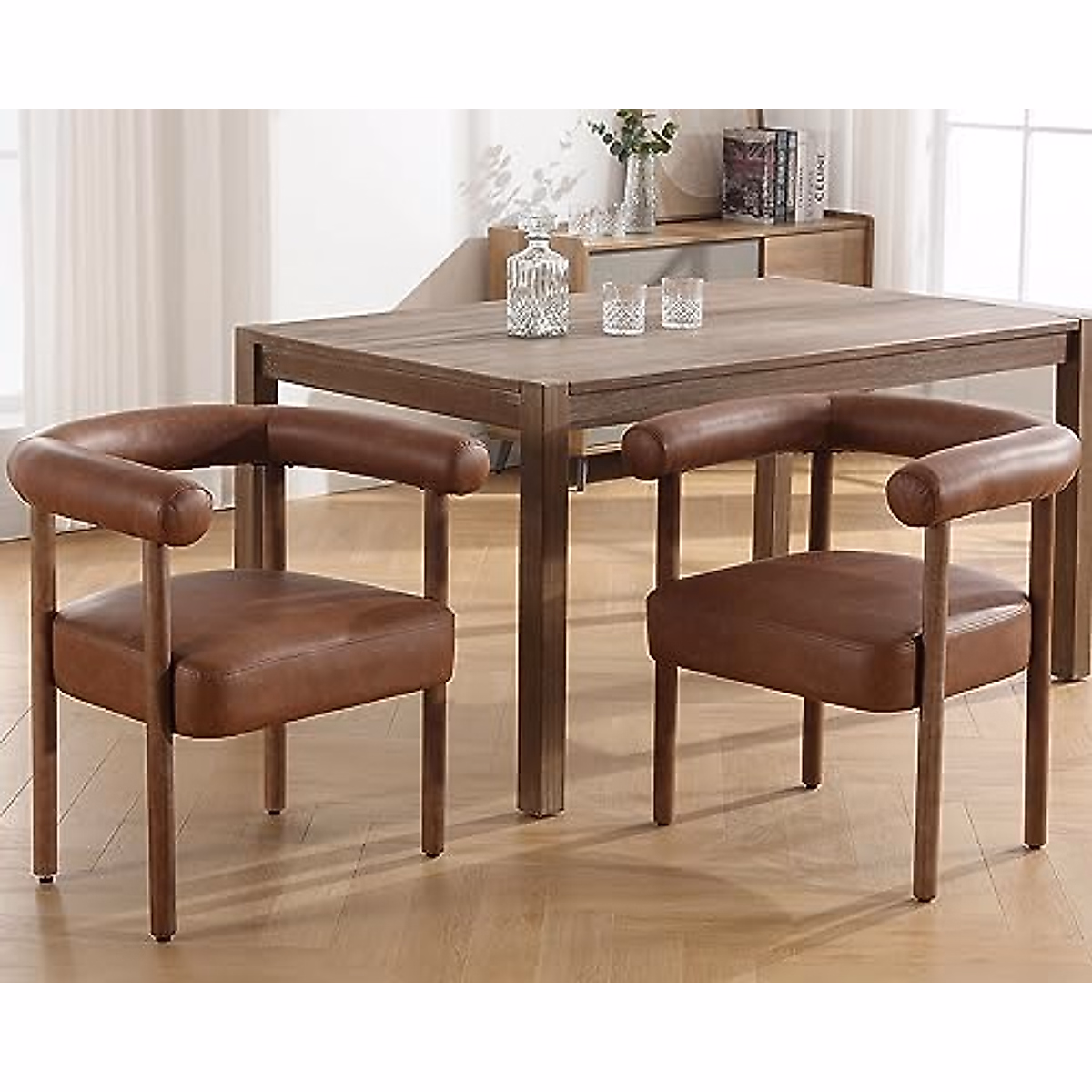 VESCASA Upholstered Dining Chairs with Natural Brush Wood Legs, Faux Leather Mid-Century Modern PU Dining Chairs with Curve Padded Open Back for Dining Room, Kitchen, Set of 2, Brown