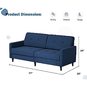 Lesofair 77” Linen Fabric Sofa Bed with Adjustable Backrests, Convertible Loveseat Sofa, Modern Sleeper Couch with Wooden Legs for Living Room, Bedroom, Blue