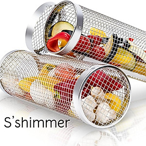 Set of 2 Stainless Steel Rolling Grill Baskets for Outdoor BBQ | Large Mesh Barbecue Cylinder Cages for Vegetables, Fish, and Meats | Camping and Backyard BBQ Accessories | Perfect Gift for Dad, Husband, or Best Friend