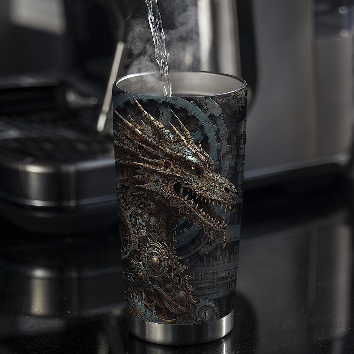64HYDRO 20oz Steampunk Mechanical Engineer Clockwork Dragon Tumbler, Gaming, Gamer Gifts for Dragon Lovers, Stainless Steel Double Wall Vacuum Insulated Coffee Mug, Travel Cup with Lid