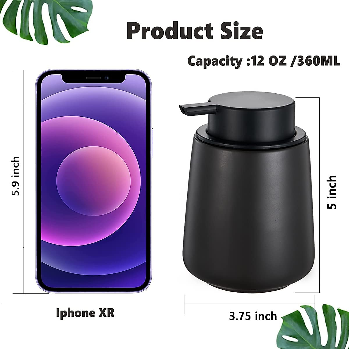 12Oz Black Foaming Soap Dispenser - Ceramic Foam Hand Soap Dispenser Set with Easy-to-Press Pump, Refillable Liquid Dish Soap Dispenser for Bathroom and Kitchen, 2 Pack