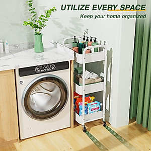LEHOM 3 Tier Rolling Utility Cart, Metal Trolley Cart with Wheels, Hooks, Easy Assembly Organizer Storage Cart for Bathroom, Kitchen, Office, Bedroom(White)