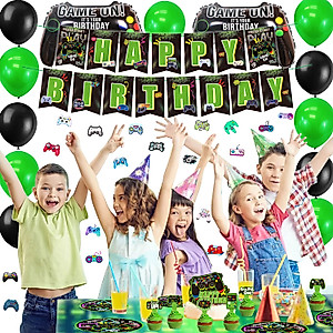 KOTLMIGHT Green Gamer Birthday Party Decoration - 269Pcs Video Game Gaming Party Supplies For Boys Birthday Party - Table Cover, Utensils, Hanging Swirls, Birthday Banner, Stickers, Bracelets
