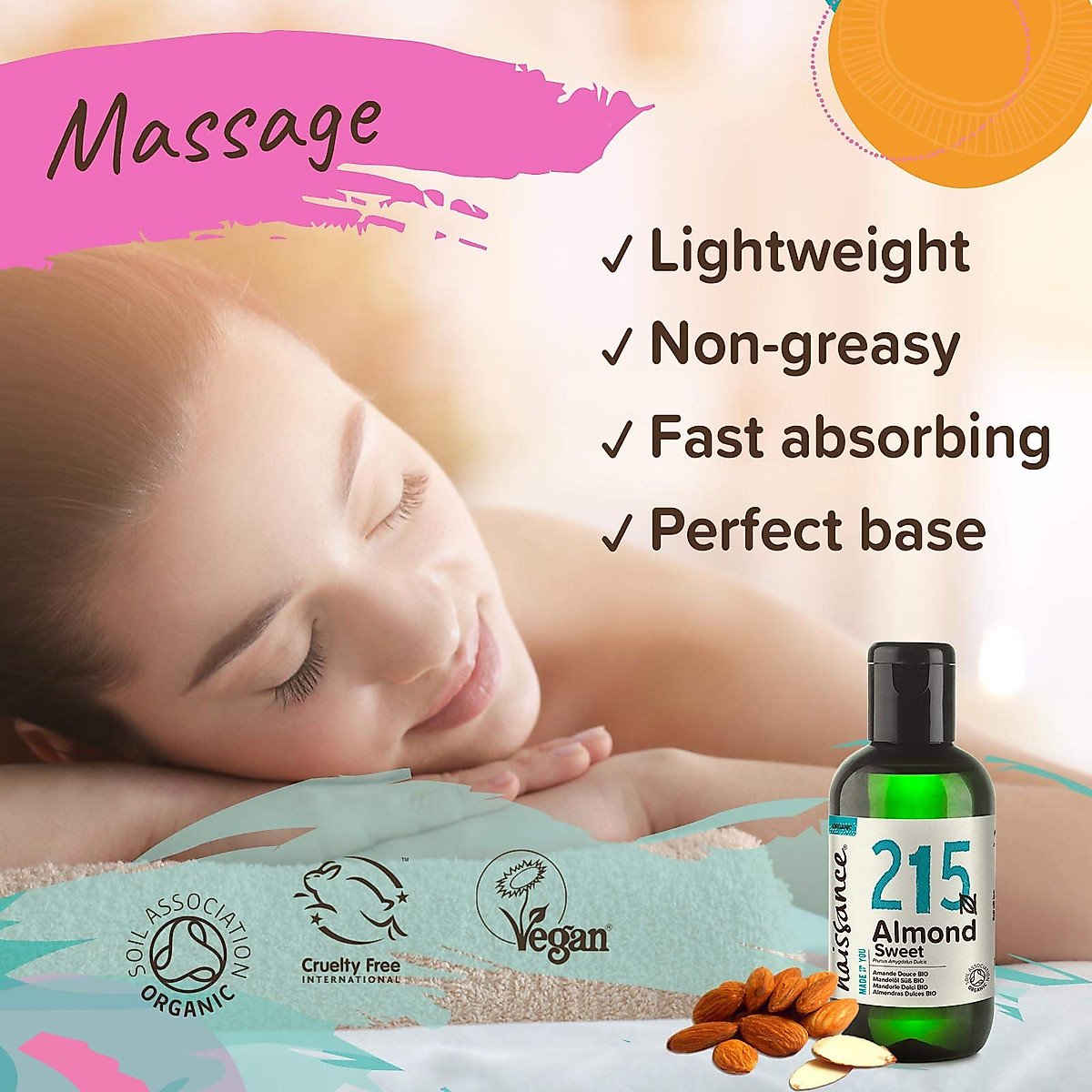 naissance Organic Sweet Almond Oil (no. 215) 4 fl oz - Pure & Natural, Cold Pressed, Vegan, Hexane Free & No GMO - Ideal for Massage, Skincare & Haircare