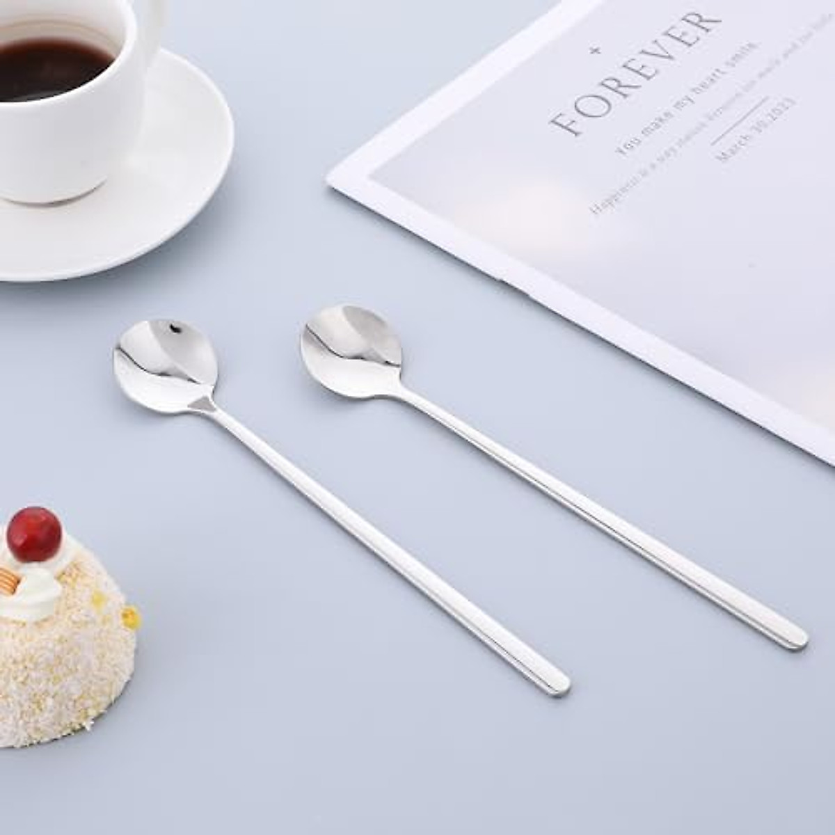 Coffee Spoons, 4 Pcs 6.7 Inch Stainless Steel Coffee Stir Spoons Long Handle Ice Tea Spoon Cocktail Stirring Spoons Coffee Bar Accessories for Coffee Tea Dessert Cake Ice Cream (Silver)