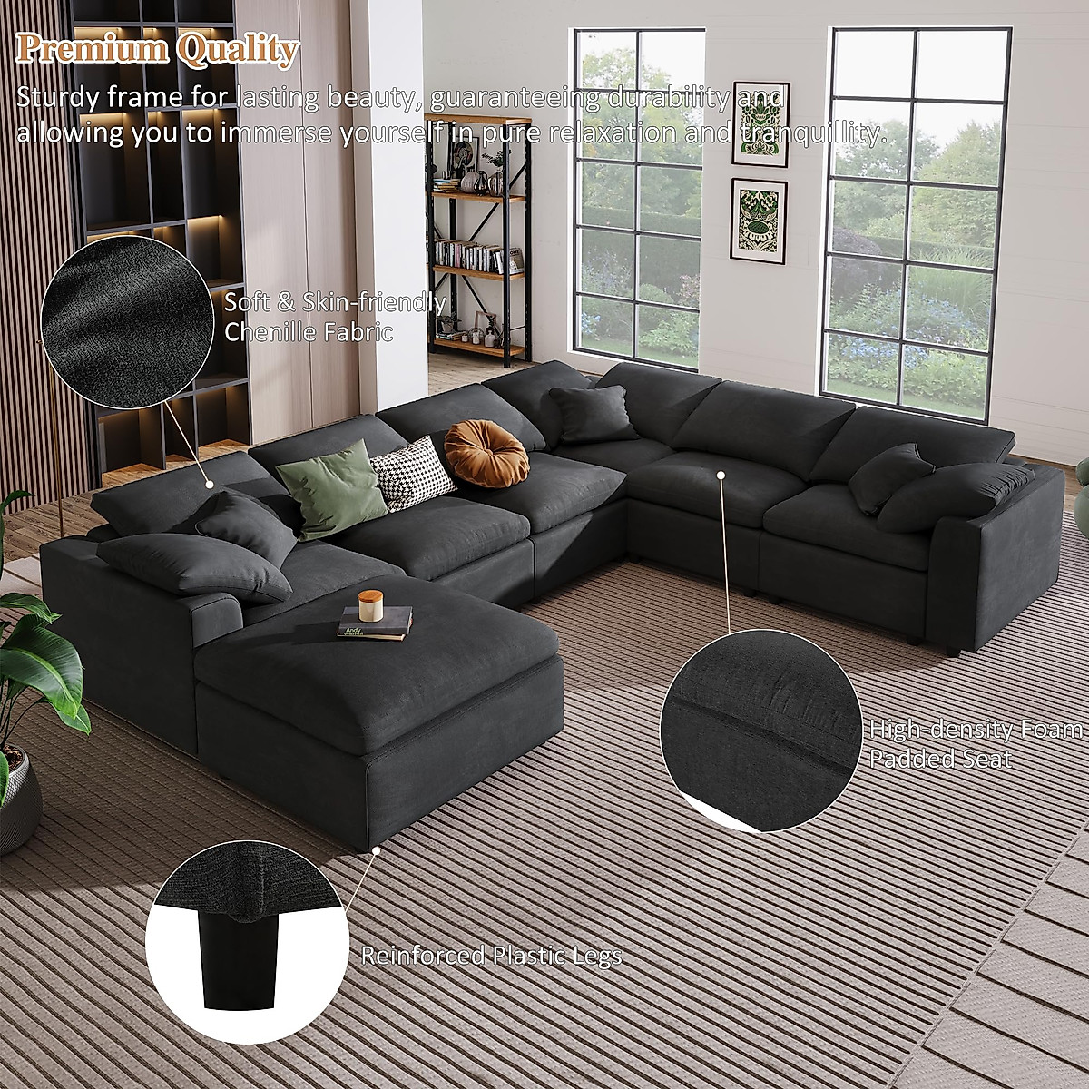 Tmsan 130.3" Oversized Cloud Sofa Couch Set for Living Room, Modern Convertible U Shaped Sectional Couch Large 7 Seater Chenille Corner Sofa with Ottoman for Apartment Office Spacious Space (Grey)