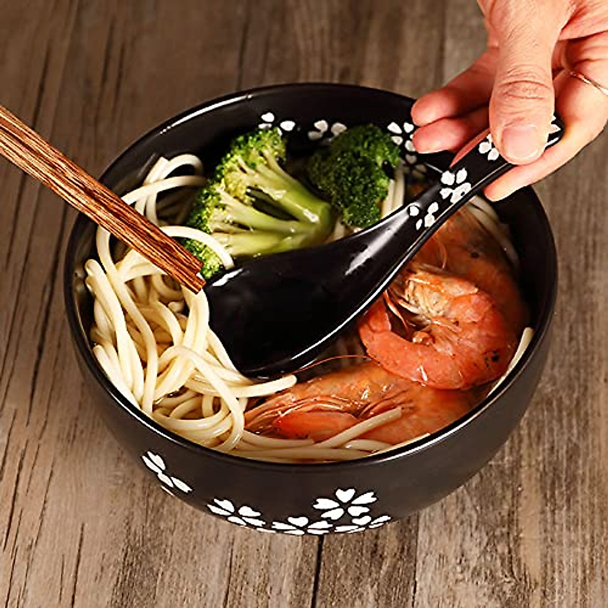 WHJY Black Ceramic Bowl with Lid, Spoon, Chopsticks for Soup, Rice, Noodles. Japanese Traditional Style Tableware.