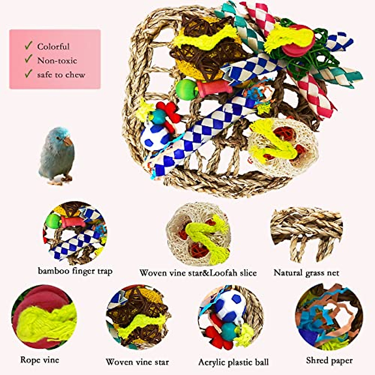 Parrot Toys Bird Foraging Toys, Seagrass Woven Climbing Hammock Net with Colorful Chewing Toys, for Lovebird Parakeets Cockatiel Conure Budgie,Cockatoo