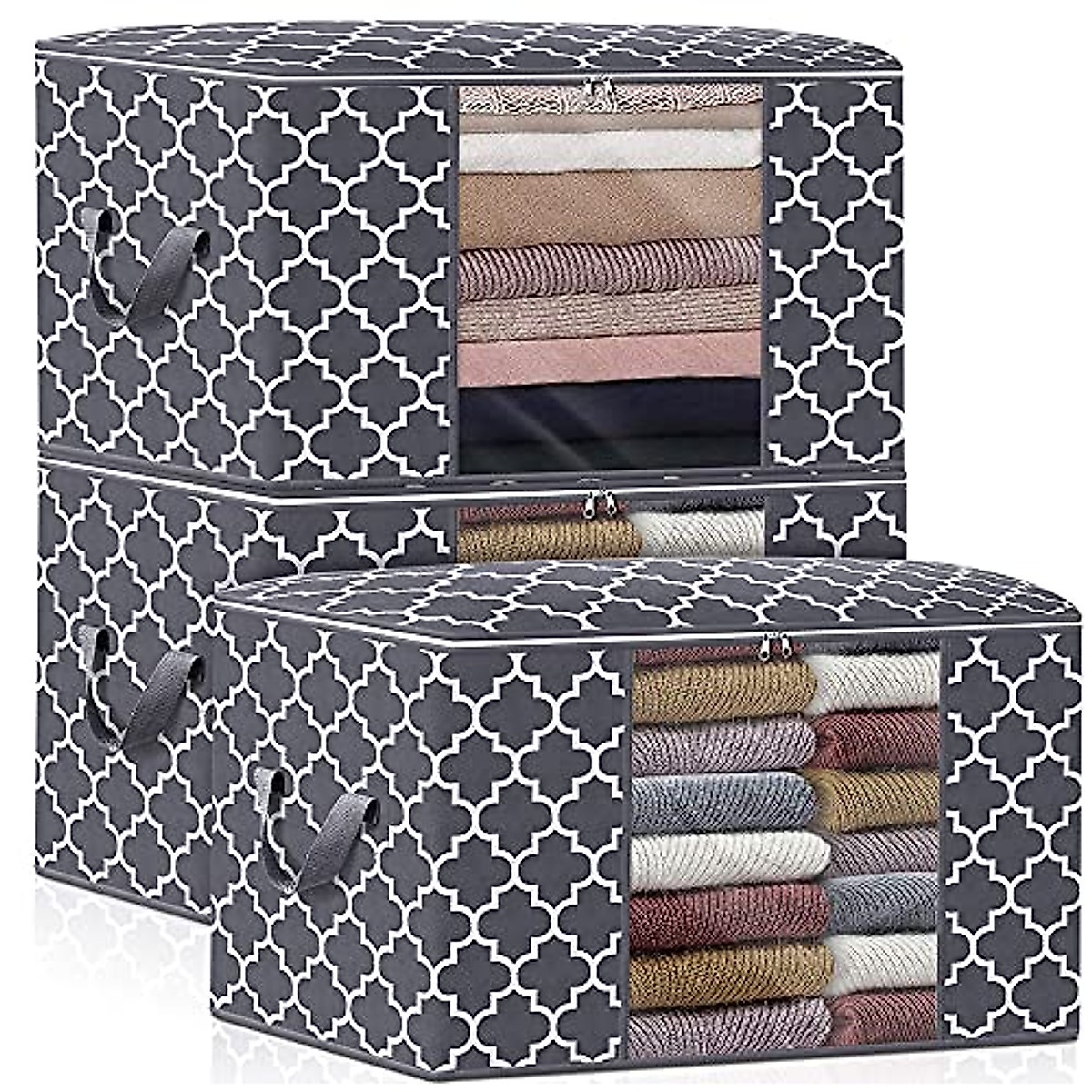 Clothes Storage Bag 90L Large Capacity Organizer with Reinforced Handle Thick Fabric for Comforters, Blankets, Bedding, Foldable with Sturdy Zipper, Clear Window