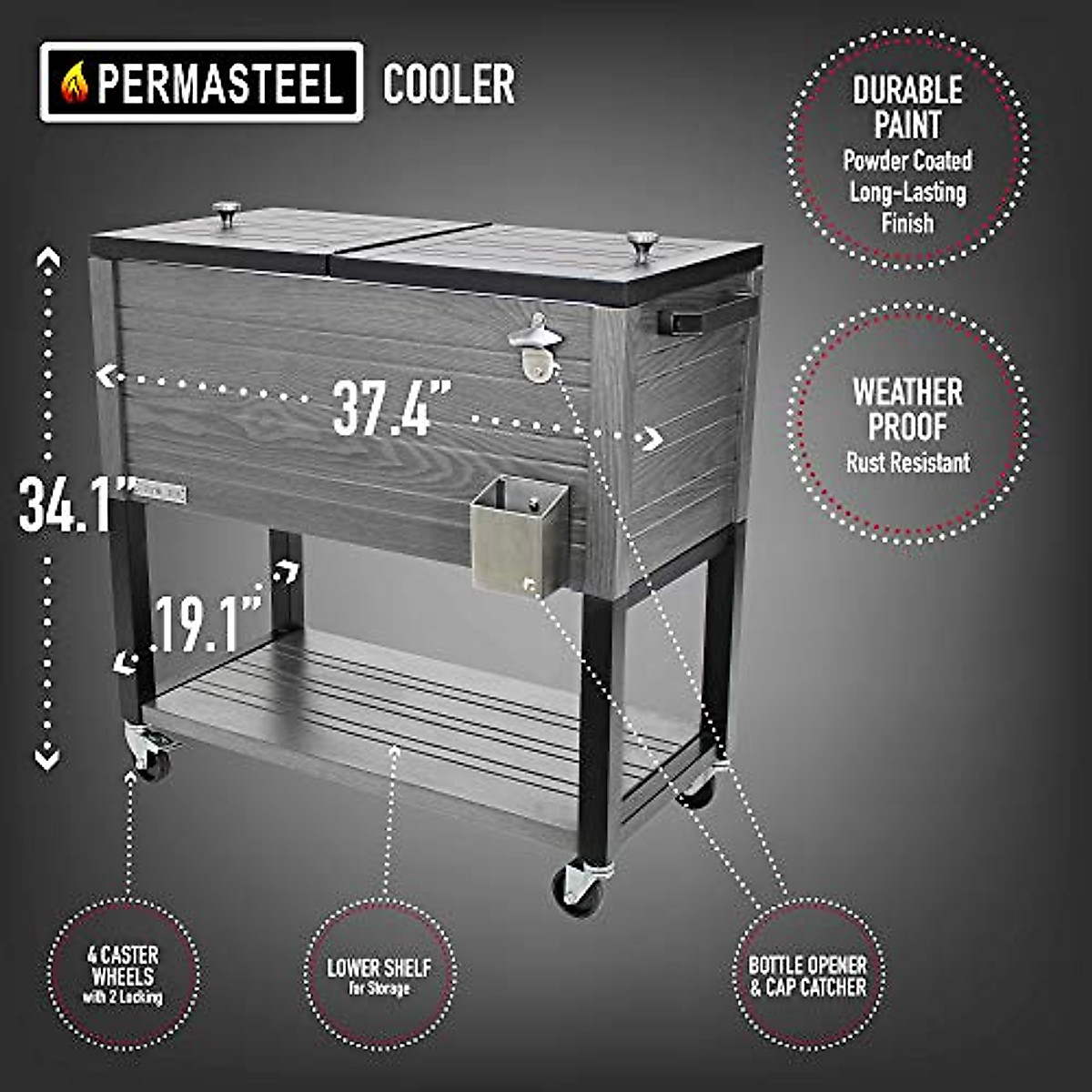 Permasteel PS-205-GRY-AM 80 Quart Patio Cooler, Gray