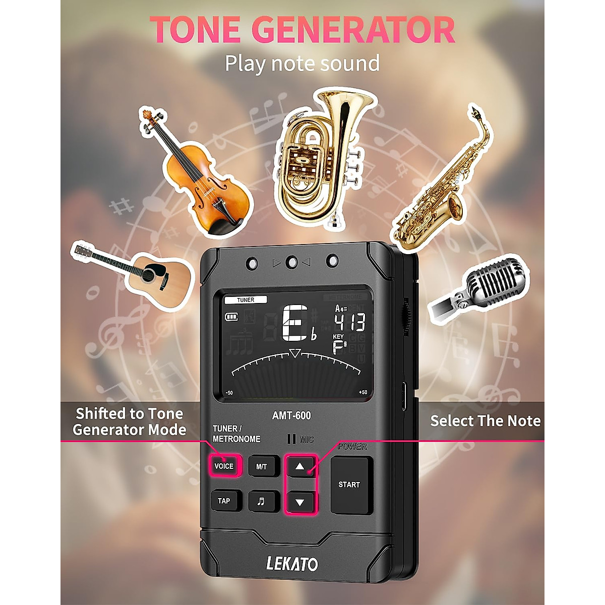 LEKATO Metronome Tuner, Rechargeable 3 In 1 Digital Metronome with TAP Tempo, Woman Vocal Counts, Tuner Tone Generator for Guitar Bass Violin Ukulele Chromatic for All Instruments