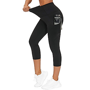 THE GYM PEOPLE Thick High Waist Capris Yoga Pants with Pockets, Tummy Control Workout Running Yoga Leggings for Women Black