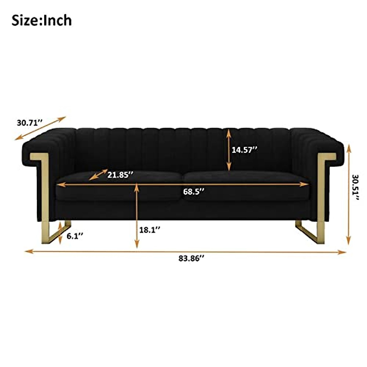 Mid Century Modern Velvet Couch - 83.85 Loveseat Sofa Curved Gold Boho Love Seat Comfy Couches for Living Room, 3 Seat Tufted Deep Seat Sectional Gothic Minimalist Sofa Bedroom Apartment (Black 1)