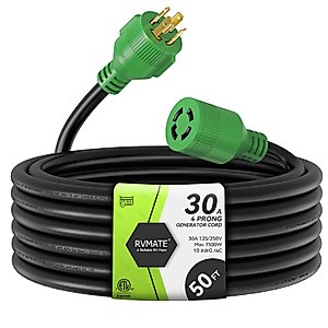 RVMATE 30 Amp Generator Cord 4 Prong 50 Feet, NEMA L14-30P/L14-30R, 125/250V Up to 7500W 10 Gauge SJTW Generator Extension Cord, ETL Listed