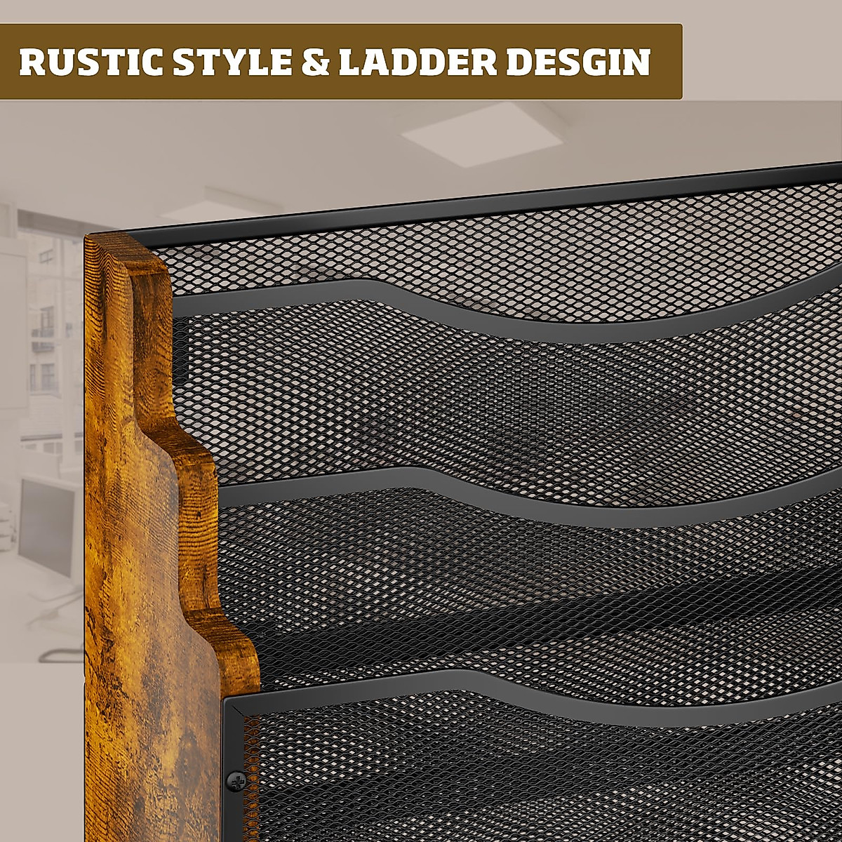 3-Tier Ladder File Organizer, Desk File Organizer with Retro MDF+ Black Metal Frame, Wall Paper Letter Tray Organizer, Wall File Storage Rack, Mesh Desktop Organizers and Accessories for Home Office