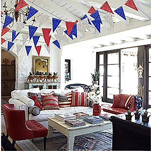 Decor365 Red Blue Silver/White National Day Patriotic Triangle Flag Banner Fourth/4th of July USA American Independence Day Celebration Party Garland Hanging Decoration for Birthday/Baby Shower