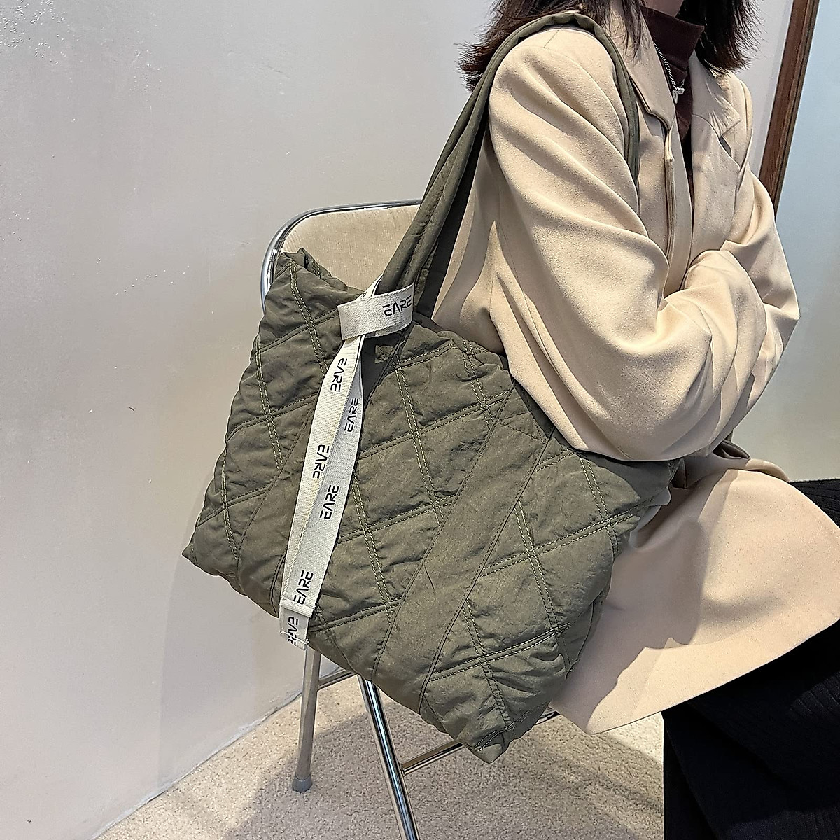 iSamzan Puffer Quilted Tote Bag for Women Puffy Padded Purse with Zipper Work Nylon Soft Purse-Green