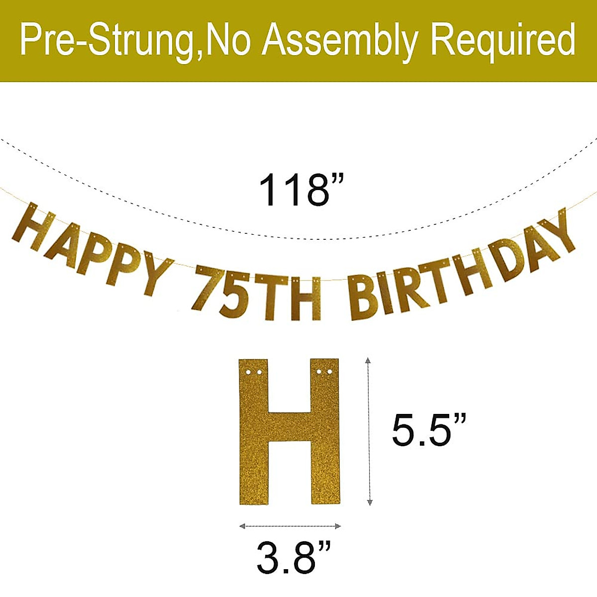 HAPPY 75TH BIRTHDAY Banner，Pre-strung，No Assembly Required，75th Birthday Party Decorations Supplies，Gold Glitter Paper Garlands Backdrops, Letters Gold Betteryanzi