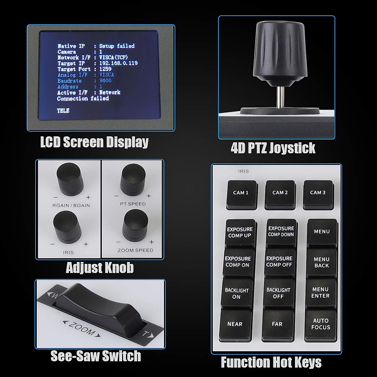 Yuanyang PTZ Joystick Controller RS232 RS422 IP PTZ Keyboard Controller for Video Conference Cameras Support VISCA ONVIF, PELCO Protocol