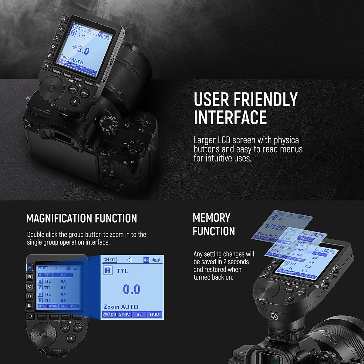 NEEWER QPRO-S TTL Wireless Flash Trigger Compatible with Sony 1/8000s HSS Large LCD Screen Slanted Design 5 Group Buttons 9 Customizable Functions for Q4 Q3 Z2 Z1 Z760 NW760 S101-300W PRO/400W PRO