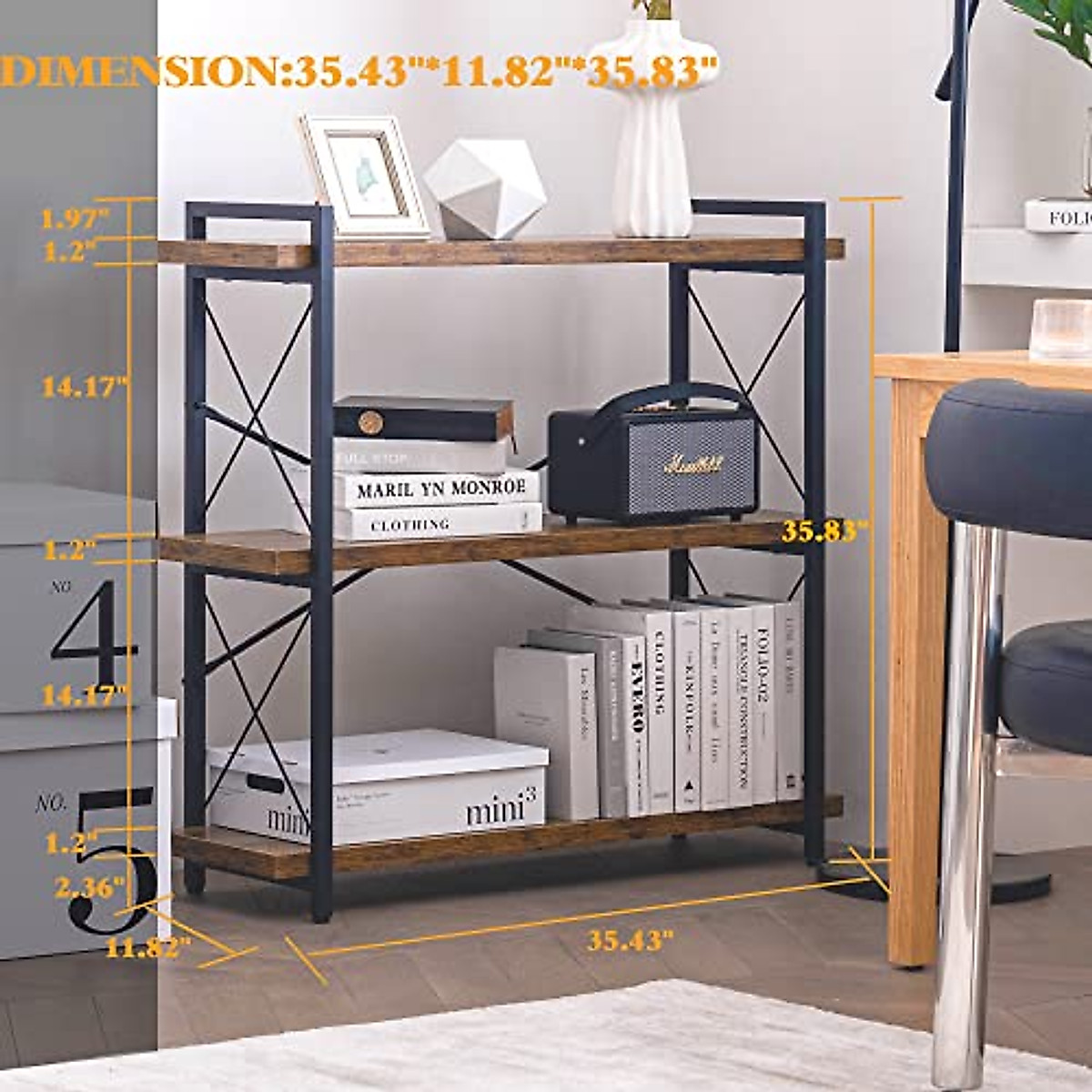 HCHQHS Bookshelf, 3-Tier Industrial Bookcase, Rustic Open Book Shelf, Wood and Metal Horizontal Bookshelves