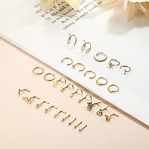 Florideco 28Pcs 20G Nose Rings Hoops Nose Rings Studs for Women Men Stainless Steel L Shaped Screw Nose Rings Gold Nostril Nose Piercing Jewelry G