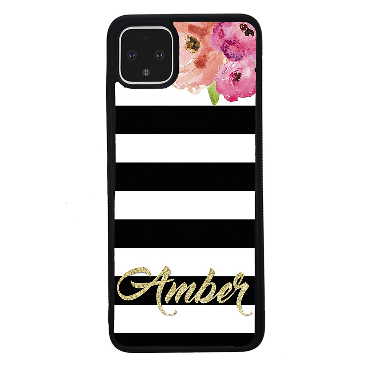 Golden Gold Personalized Flowers Black White Black Rubber Phone Case Compatible With Google Pixel 8 Pro, 8a, 8, 7a, 7, Pixel 7 Pro, 6a, Pixel 6 Pro, 6, 5, 4a 5G, 4a 4G, 4, 4 XL, 3a, 3a XL, 3