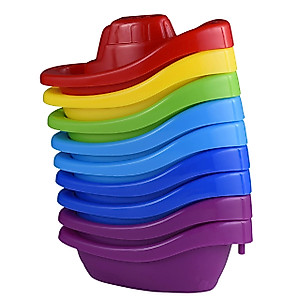 Playkidz Bath Toy Little Boat Train Pack of 9 Stackable Plastic Kids Tugboats for Bathtub & More in 6 Colors Ages 3 and Up