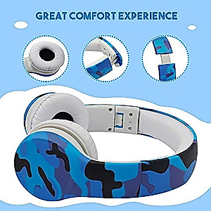 YUSONIC Kids Headphones with Graphic Design, Two Audio Port for Sharing 85 db Toddler Headphones for Kids with mic Boys Girls Baby Children Toddlers School Travel use (camo Blue)
