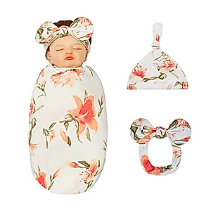 insular Swaddle Blankets Beanie Hat Headband Sets, Newborn Baby Girl Swaddle Sack, Receiving Blankets Infant Baby Gifts, Photo Props Photography(White Lily)
