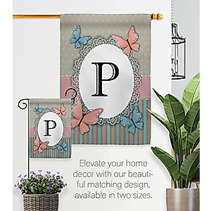 Breeze Decor P Initial Garden Flag Set Wall Hanger Monogram Friends Bugs & Frogs Butterfly Ladybugs Dragonfly Bee Springtime Insect Natural Wildlife House Yard Gift Double-Sided, Made in USA