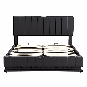 YSWH Queen Size Upholstered Platform Bed, Wood Storage Bed Frame with Hydraulic Storage System, LED Lights, Sockets and USB Ports, Kids Adults Bedroom Furniture Platform Versatility Bed (Black)