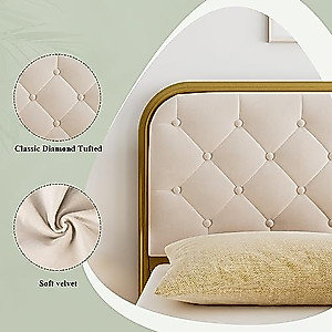 Feonase King Size Bed Frame, Upholstered Bed Frame with Diamond Tufted Headboard, Heavy Duty Metal Slats, 12" Storage Space, No Box Spring Needed, Easy Assembly, Gold