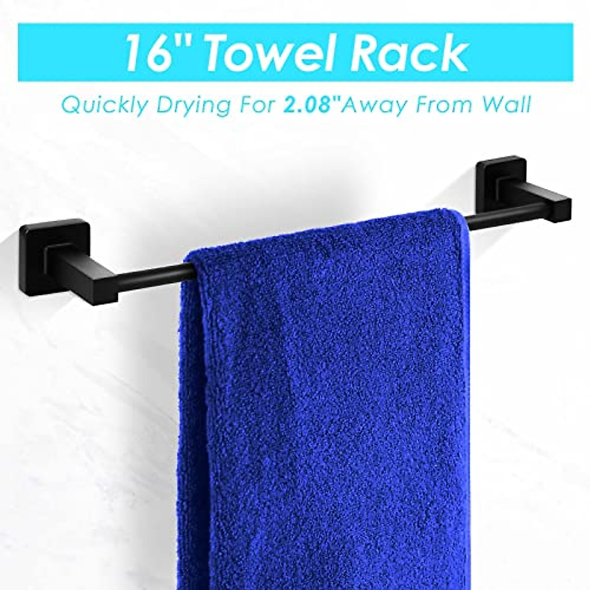 4-PCS Bathroom Hardware Set, Matte Black Bathroom Hardware Set, 16IN Towel Bar Set 304 Stainless Steel, Towel Rack Set Wall Mounted, Hand Towel Bars, Toilet Paper Holder, Towel Ring, Robe Towel Hook