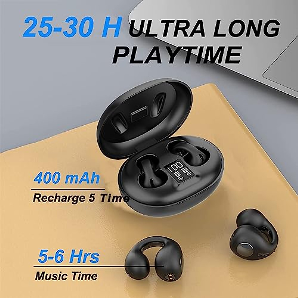 Mudtun Ear Clips Ear Buds Open Ear Bluetooth Headphones Bone Conduction Earbuds for Small Ear Canals, Clip on Earbuds Mini Light-Weight Open Ear Earbuds for Sports Running Cycling Workout, Blue