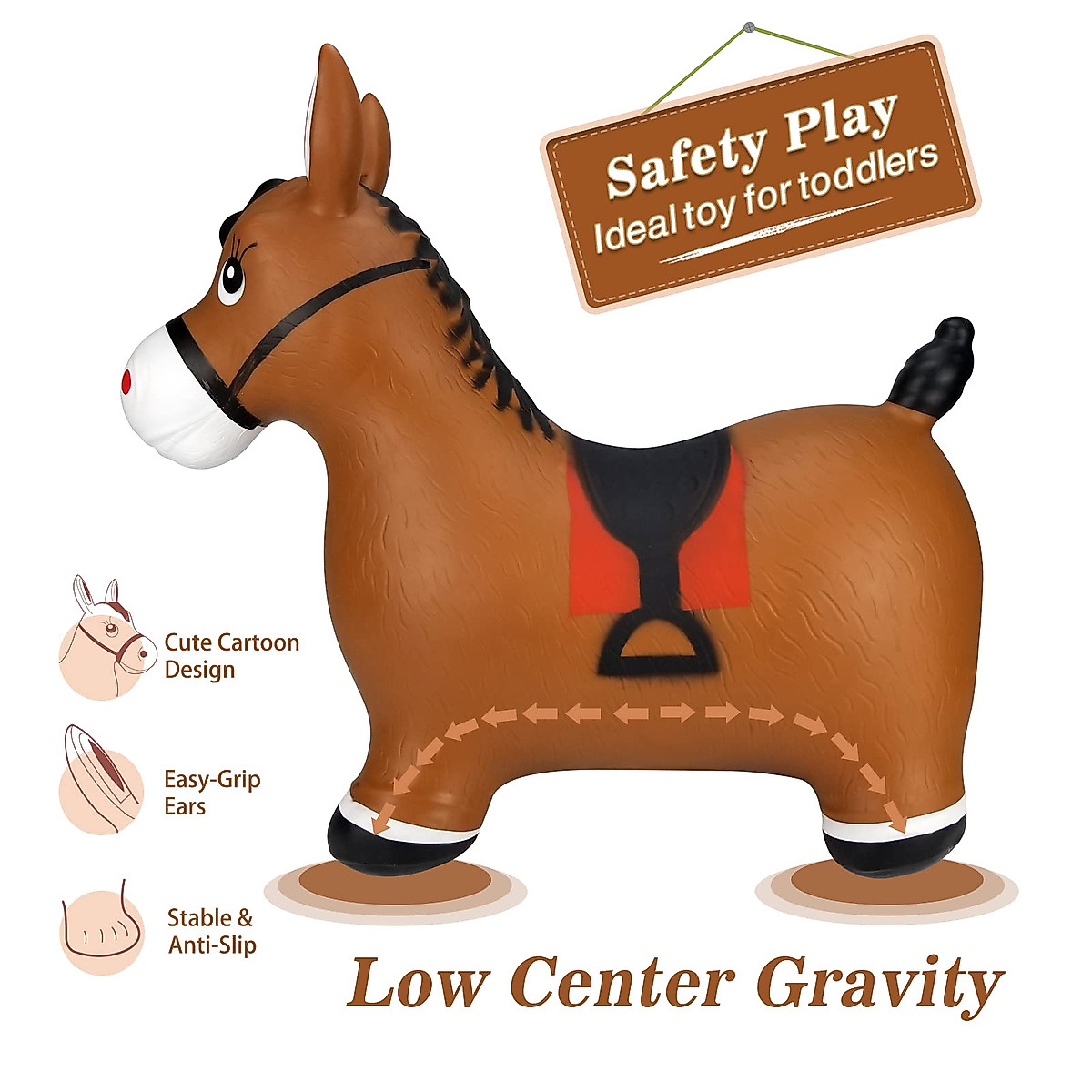 INPANY Bouncy Horse Hopper- Brown Inflatable Jumping Horse, Ride on Rubber Bouncing Animal Toys for Kids/Toddlers/Children/Boys/Girls (Pump Included)
