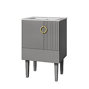 SSLine Free Standing 24-Inch Bathroom Vanity with Ceramic Sink Modern Small Bathroom Vanity with Top Basin and Storage Cabinet Floor Stand Wood Bath Vanity w/Gold Handles for Small Space(Grey)