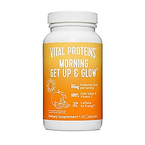 Vital Proteins Morning Get Up and Glow Capsules, 90mg Caffeine for Energy & Vitamin C & Biotin & Hyaluronic Acid Pills - 60ct