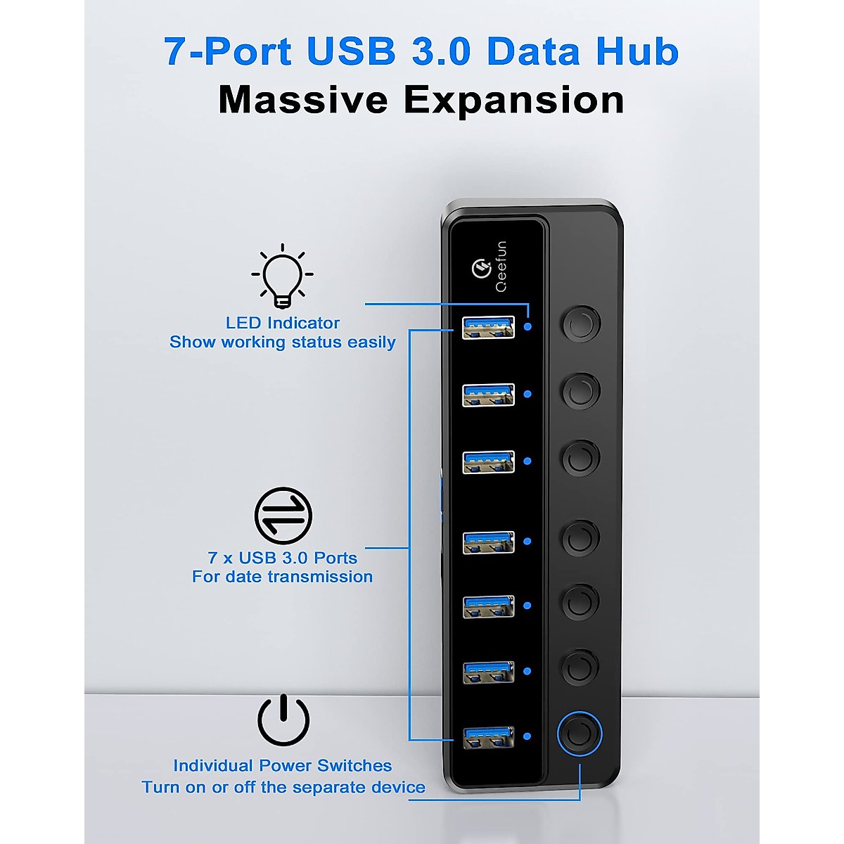 7-Port USB 3.0 Hub, Qeefun 3.0 Powered, USB Adapter USB Extender USB Port Expander USB hub for Laptop, PC, USB Flash Drives, and More ……