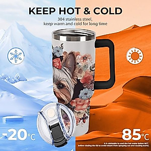 WYUSPGK 40oz Stainless Steel Car Mug, Yorkie Floral Print Travel Mug, Double-Wall Insulated with Straw, Perfect for Car, Office, Outdoor