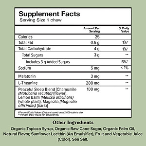 Chewsy Peaceful Sleep Chews, Sleep Support, 3 mg Melatonin, 200 MGS L-Theanine, Chamomile, Lemon Balm, Magnolia, Nighttime Sleep Aid, Naturally Minty Chews, Promotes restful Sleep, 30-Day Supply (1)