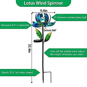 Solar Yard Lights Wind Spinners- Metal Lotus Flower Garden Decor LED Crackle Glass Globe Yard Art Sculpture Solar Stake Lights for Patio Pathway Lawn Walkway