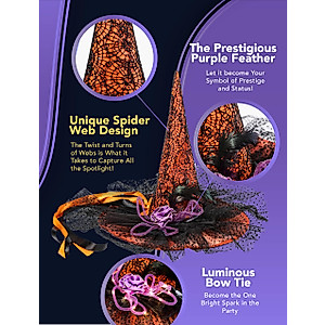 UNKENBO Orange LED Light Witch Hats for Women - Fancy Light Weight Halloween Witch Hat with Cute Lace and Large Hat Brim Unique Halloween Designs and Purple Feather for Witch Costume Size: 20 inch