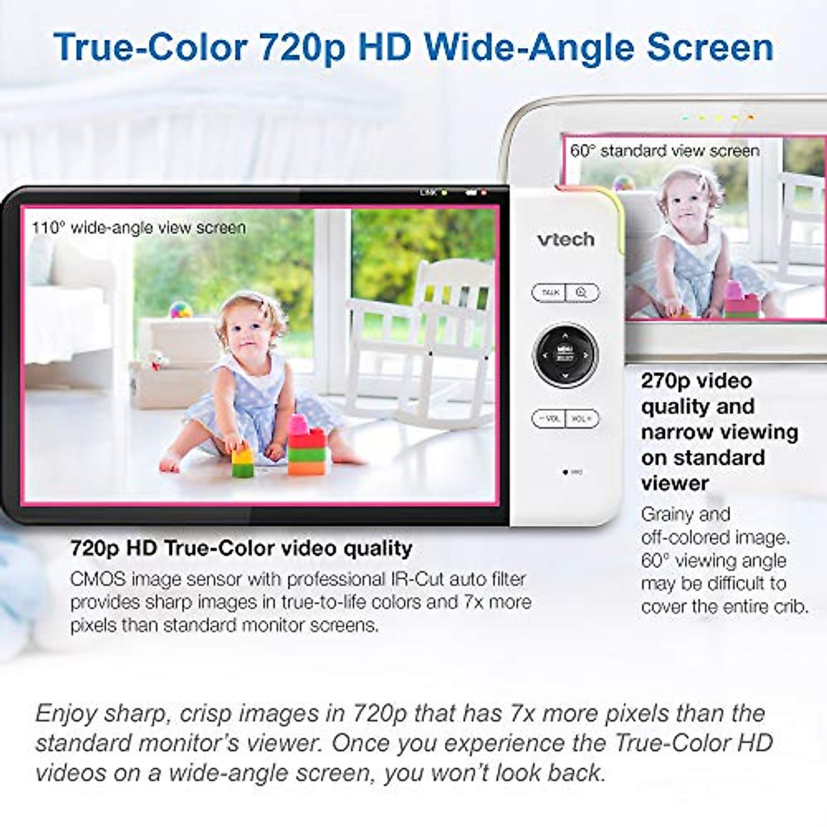 [Upgraded] VTech VM919HD Video Monitor with Battery Support 15-hr Video Streaming, 7" 720p HD Display,360 Panoramic Viewing, 110 Wide-Angle View,HD Night Vision,Up to 1000ft Range,Secured Transmission