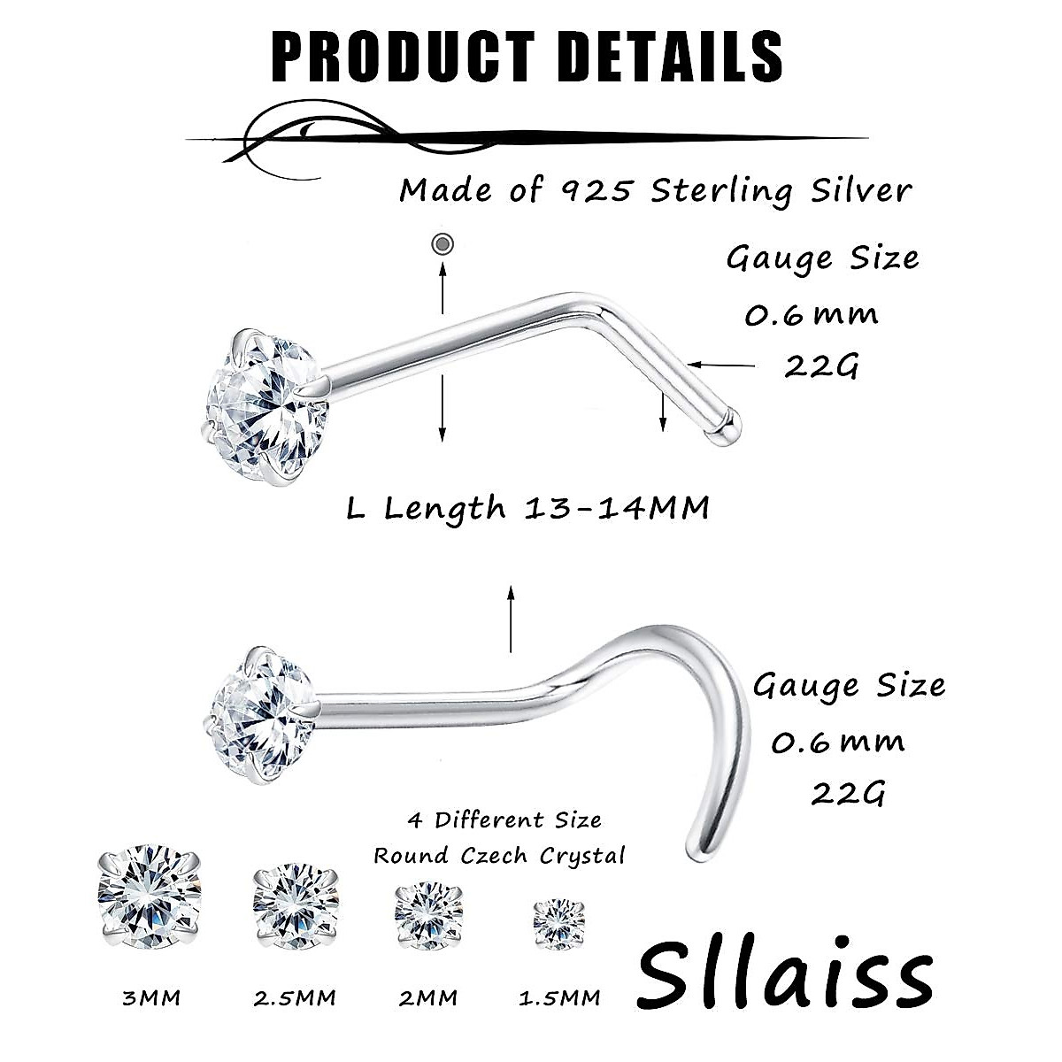 Sllaiss 925 Sterling Silver L Shaped Nose Rings Set for Women Men Crook Nose Rings Screw Studs 1.5mm 2mm 2.5mm 3mm 8Pcs 22G Nose Body Piercing Hypoallergenic