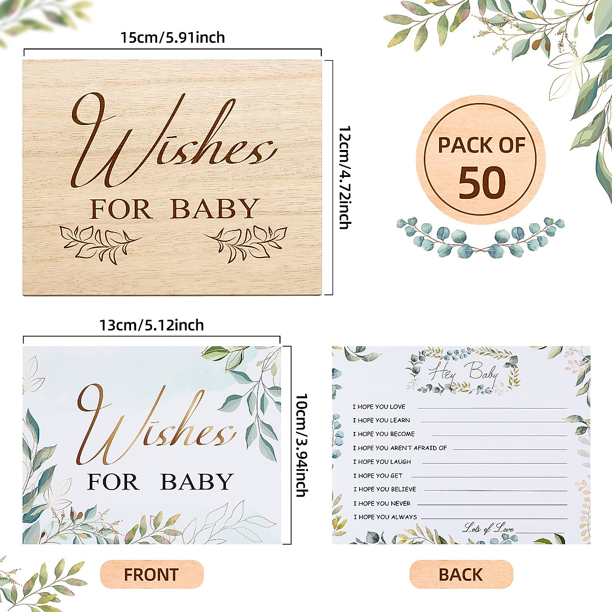 Junkin 50 Pack Baby Shower Advice Cards and Wood Baby Keepsake Box, Baby Advice Cards Wishes for Baby Cards for Baby Shower Games Invitations Gifts, 5 x 4 Inch (Leaves)